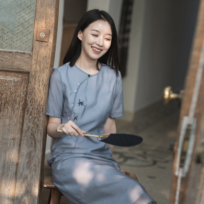 中式复古修身型铜氨偏门襟连衣裙