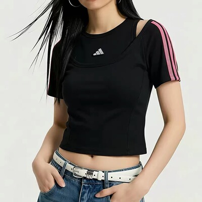 阿迪达斯26年夏季女子短款露肩修身运动背心短袖T恤KR7606 KS2890