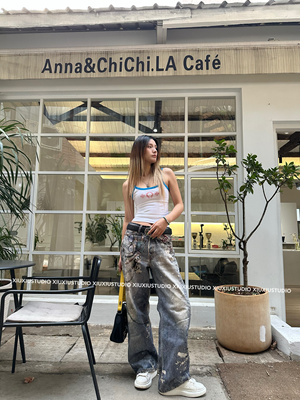 xiuxiustudio ac平替数码印花泼墨链条涂鸦休闲宽松阔腿牛仔裤潮