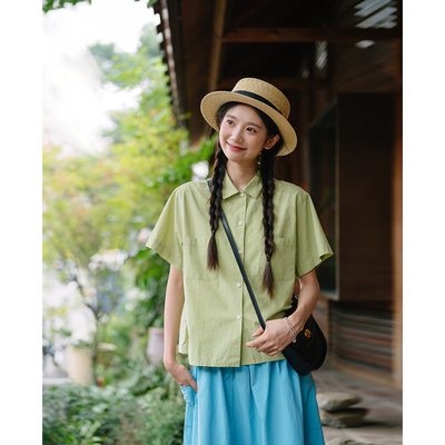 古苔日系纯棉绿色短袖衬衫显瘦女