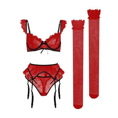 内衣套装 木耳蕾丝花边薄款文胸三角裤透视装性感四件套红色yy