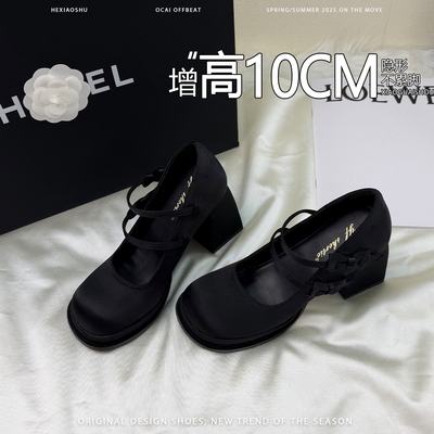 法式内增高10CM缎面方头玛丽珍鞋女蝴蝶结一字带高跟鞋日系jk女鞋