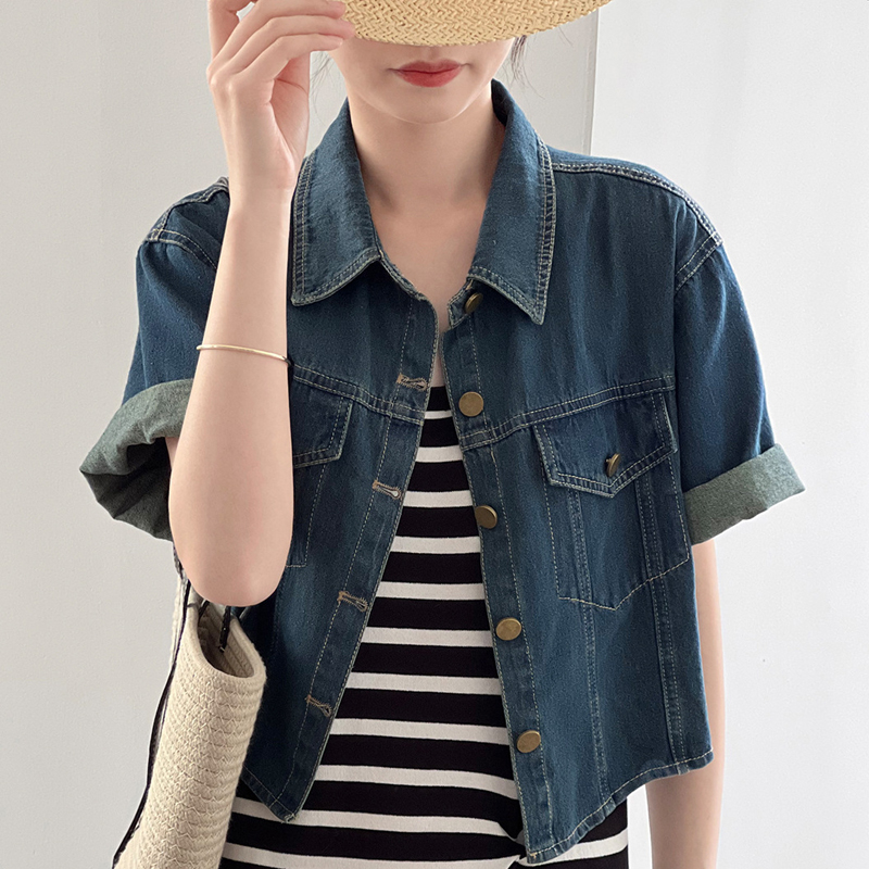 短袖牛仔外套衬衫女夏季2023新款复古薄款宽松休闲小个子短款上衣_虎窝淘