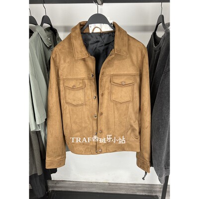 翻领麂皮绒拼接夹克外套