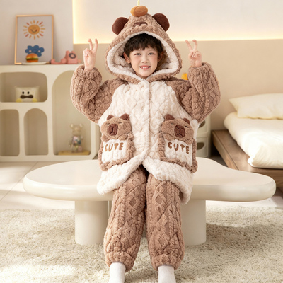 男童睡衣三层夹棉加厚新款珊瑚绒男孩中长款家居服套装可外穿睡袍