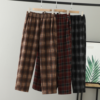 大码女装加绒时尚毛呢格子长裤