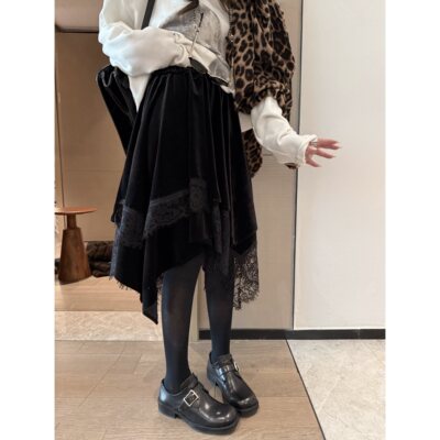 丝绒不规则中裙蕾丝花边半身裙