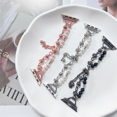 适用新iwatch表带金属珍珠水晶手链条苹果手表s87654se小香风表带