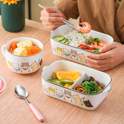 陶瓷饭盒微波炉专用三格带盖密封