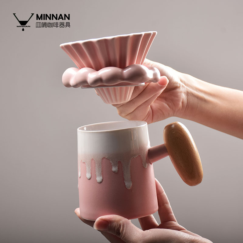 MINNAN皿喃釉下彩女神专用粉色折纸滤杯原木柄手冲咖啡杯器具套装