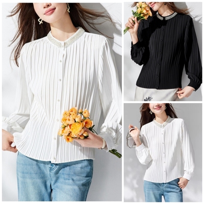 杏色圆领长袖衬衣女2026春夏季新款重工钉珠单排扣洋气时髦大码上