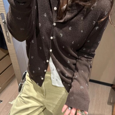 韩系复古小碎花圆领长袖针织开衫