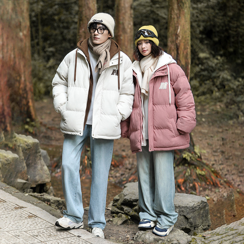 2026秋冬季新款情侣撞色拼接棉服男女加厚连帽假两件户外棉衣外套