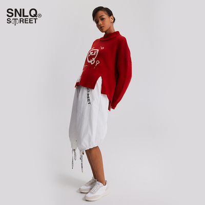 SNLQ street针织衫女2024年秋新款羊毛衫潮流红色圆领套头衫开叉