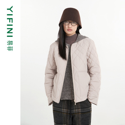 易菲拼接假两件针织连帽棉服外套