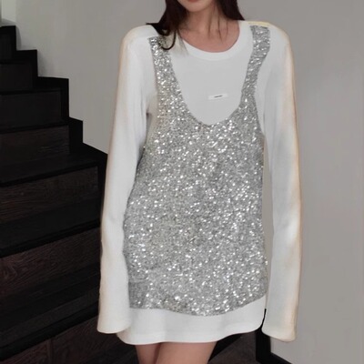 【现货】奢感重工超bling设计感亮片拼接假两件宽松抓绒T恤上衣