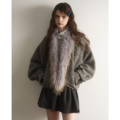 今日艺术家原创灰色36羊毛冬日雾感蝙蝠袖蓝紫色毛领茧形毛呢外套
