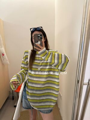 东ROOM正版夏季新款 颜色很好看的宽松条纹长袖T恤女 很薄的