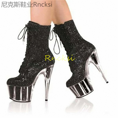 细跟靴子超高跟17CM圆头靴半透明百搭新款短靴女低筒靴弹力短筒靴