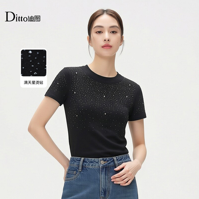 迪图凉感满天星烫钻针织短袖女