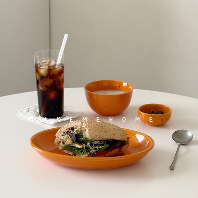 takemehome复古橘色撒点陶瓷餐具套装椭圆盘米饭碗蘸料碟一人食
