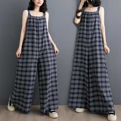 显瘦薄款新款文艺棉麻格子背带裤学院风长款阔腿裤连体裙裤宽松