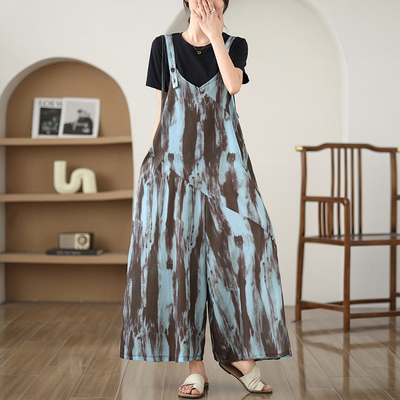 夏季国风水墨晕染显瘦连体裤宽松休闲减龄背带阔腿裤吊带裙薄款