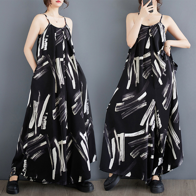 折扣夏季新款小众雪纺印花可调节吊带裤裙宽松连体休闲阔腿裤