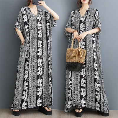 夏季新款薄绵绸人棉大象花V领宽松大码简约度假风长裙女衣长133薄