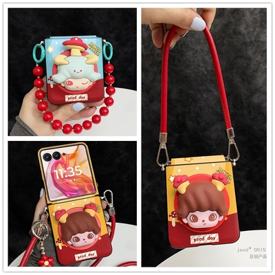 小清新波点蘑菇dimoo磁吸支架适用摩托罗拉Razr60手机壳折叠屏moto razr50ultra背带挂绳保护套可爱斜挎新款