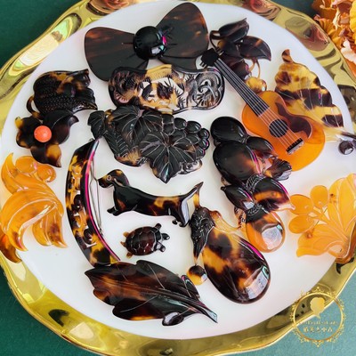 日本冲绳特产vintage鳖甲豹纹黄琥珀色中古丝巾扣胸针D3