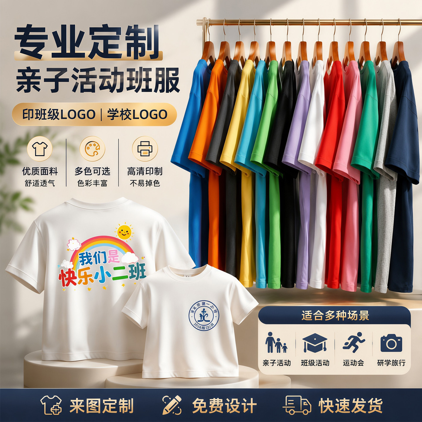 家庭装亲子活动T恤学生班服亲子装幼儿园亲子活动服班徽LOGO定制