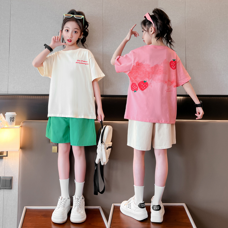 女童夏装套装2025新款儿童时髦洋气运动女大童短袖短裤夏季两件套-天天券
