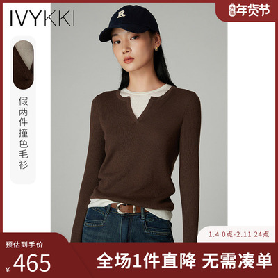 ivykki圆领拼接毛针织衫