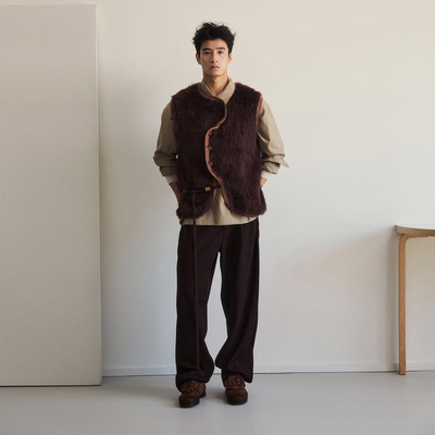 SouthStudio马甲仿貂毛棕色不规则扣边设计25秋冬新款无袖毛背心