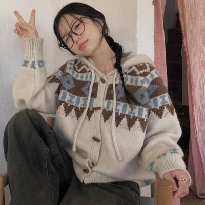 韩国连帽复古毛衣开衫外套