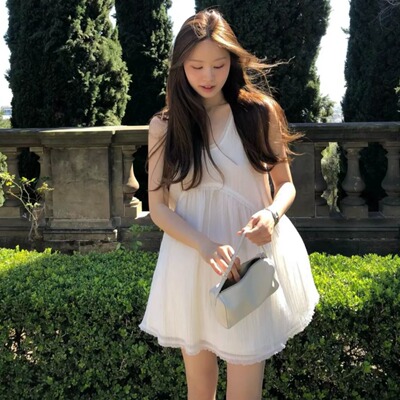韩国简约花边肌理感背心连衣裙女