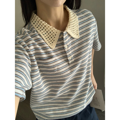 KITTIN韩系通勤简约polo领条纹减龄显瘦休闲宽松短袖T恤上衣女春