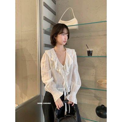 IMISS韩标气质宽松百搭荷叶领系带设计感通勤棉麻小衫上衣女春季