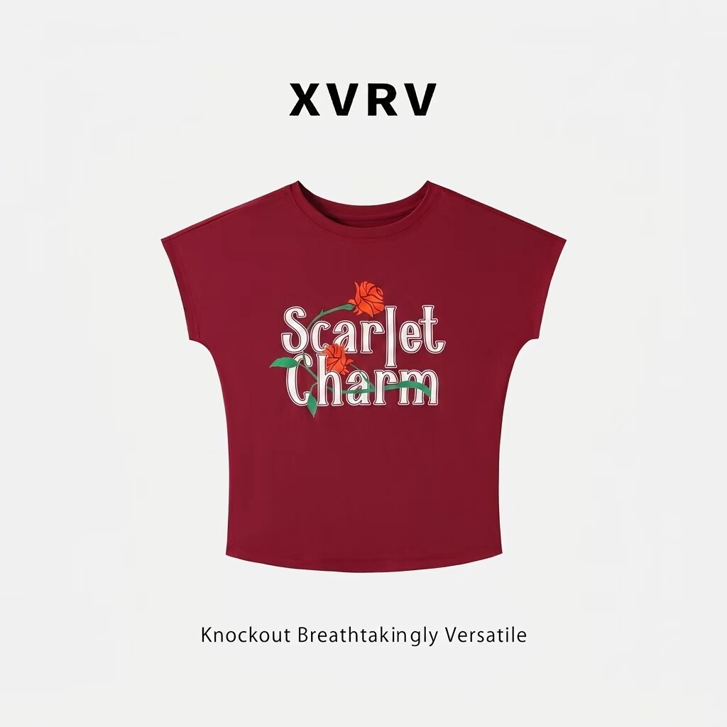 XVRV2026夏季新款宽松透气速干运动上衣圆领短袖印花百搭T恤女