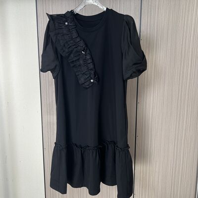 4938剪标女装2026气质拼接圆领显瘦连衣裙夏季短袖小黑裙新款裙子