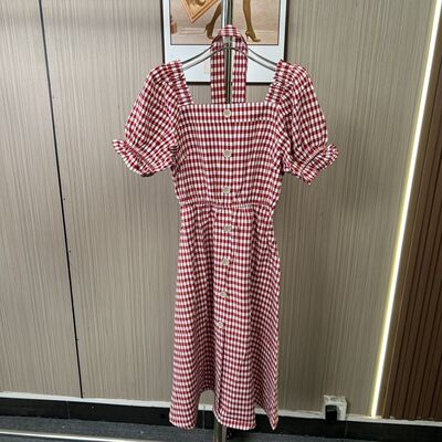 0088撤柜AL新款格子复古连衣裙方领法式夏季收腰过膝气质