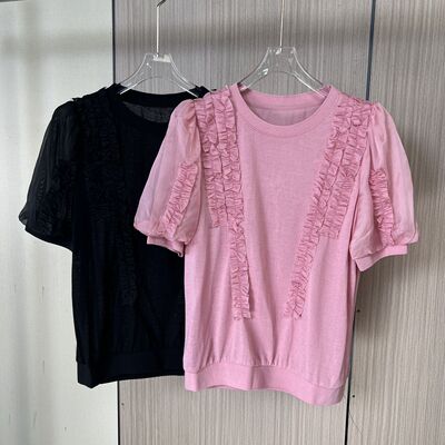 4446品牌剪标夏季新款拼接木耳边泡泡袖短袖T恤衫女装小衫上衣