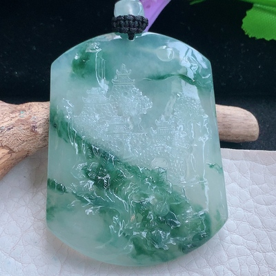 yl实拍55.3*42.2*5.8缅甸翡翠冰飘花山水牌吊坠，指日高升项坠