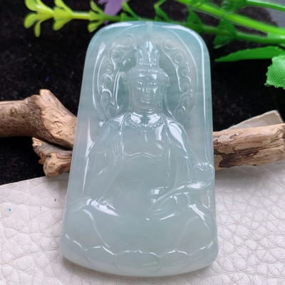 lz实拍64.3*36.5*5.8天然翡翠吊坠冰种持如意观音菩萨玉观音颈坠