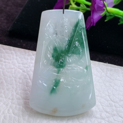 py实拍61.6*37.3*5.8缅甸翡翠飘花虚空藏 玉观音菩萨守护神玉吊坠