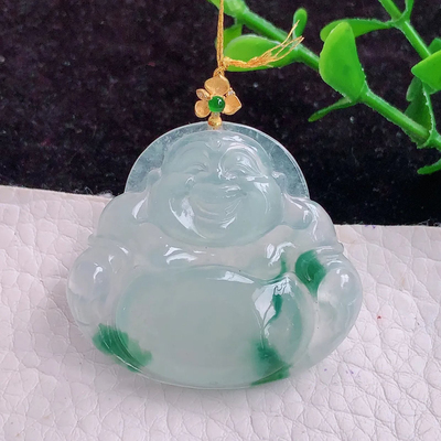 ws实拍18k金镶缅甸翡翠A货冰飘花大佛公开心佛玉坠 34*37.7*5.5mm