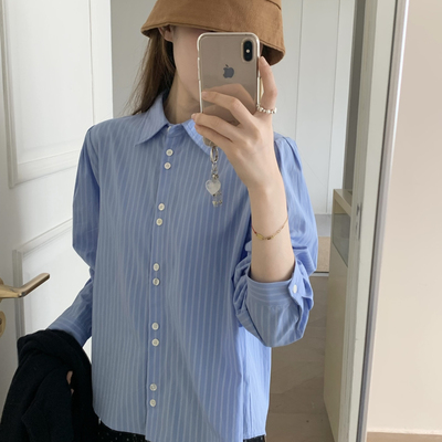 OMELET秋上新韩系复古百搭竖条泡泡袖衬衫