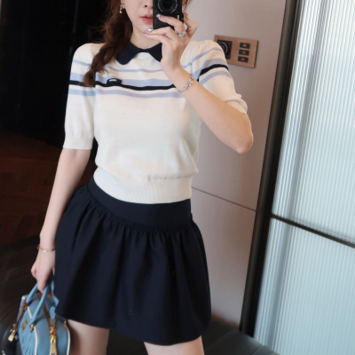 小翻领毛针织衫短袖缪系时尚撞色学院风条纹显瘦宽松T恤早春新款