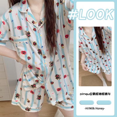 新款条纹卡通pingu企鹅可爱短袖短裤夏季薄款睡衣女家居服可外穿